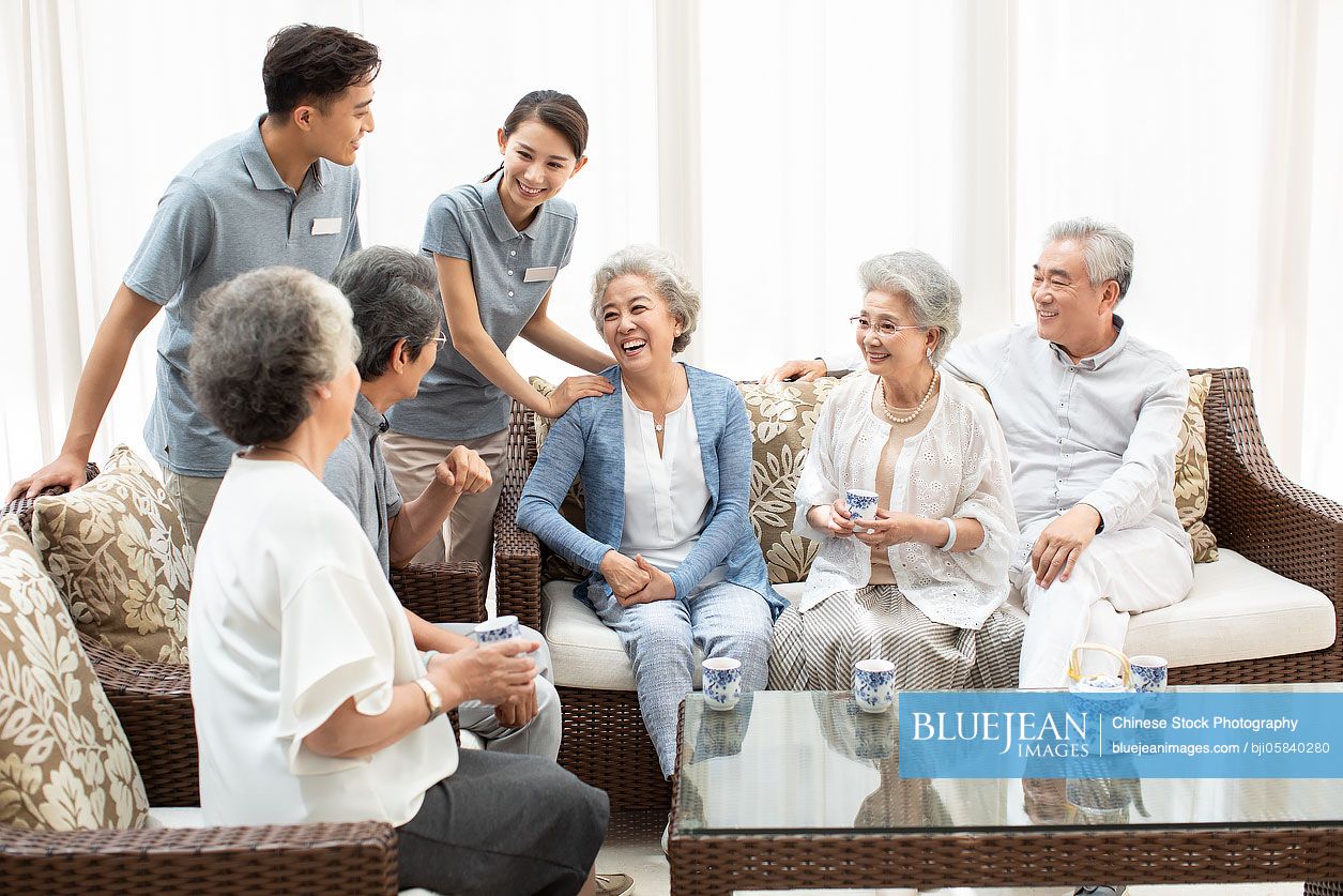 Senior Chinese friends talking in nursing home-High-res stock photo for ...