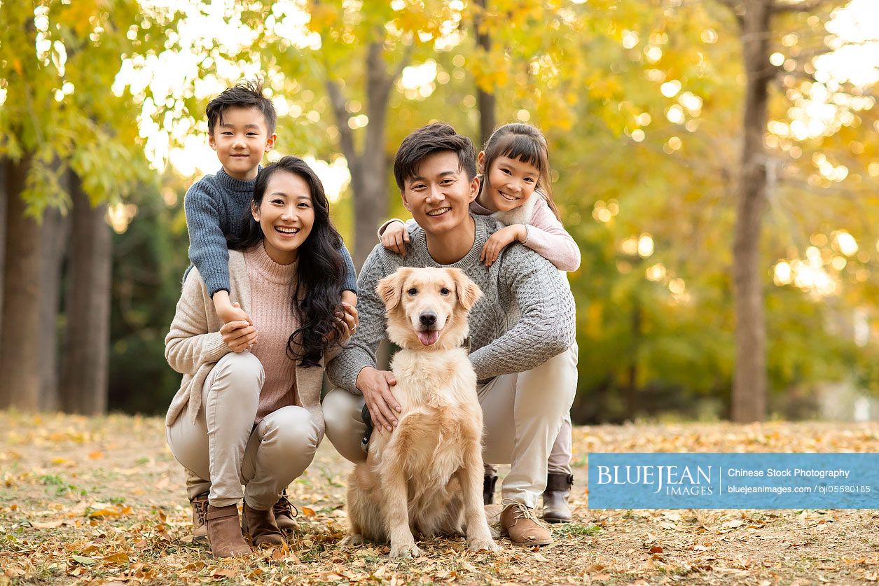 Happy young Chinese family with dog in autumn woods-High-res stock ...
