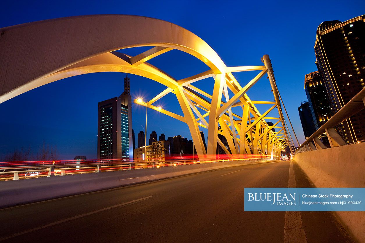 Light trails on Jinbu bridge in Tianjin, China-High-res stock photo for ...