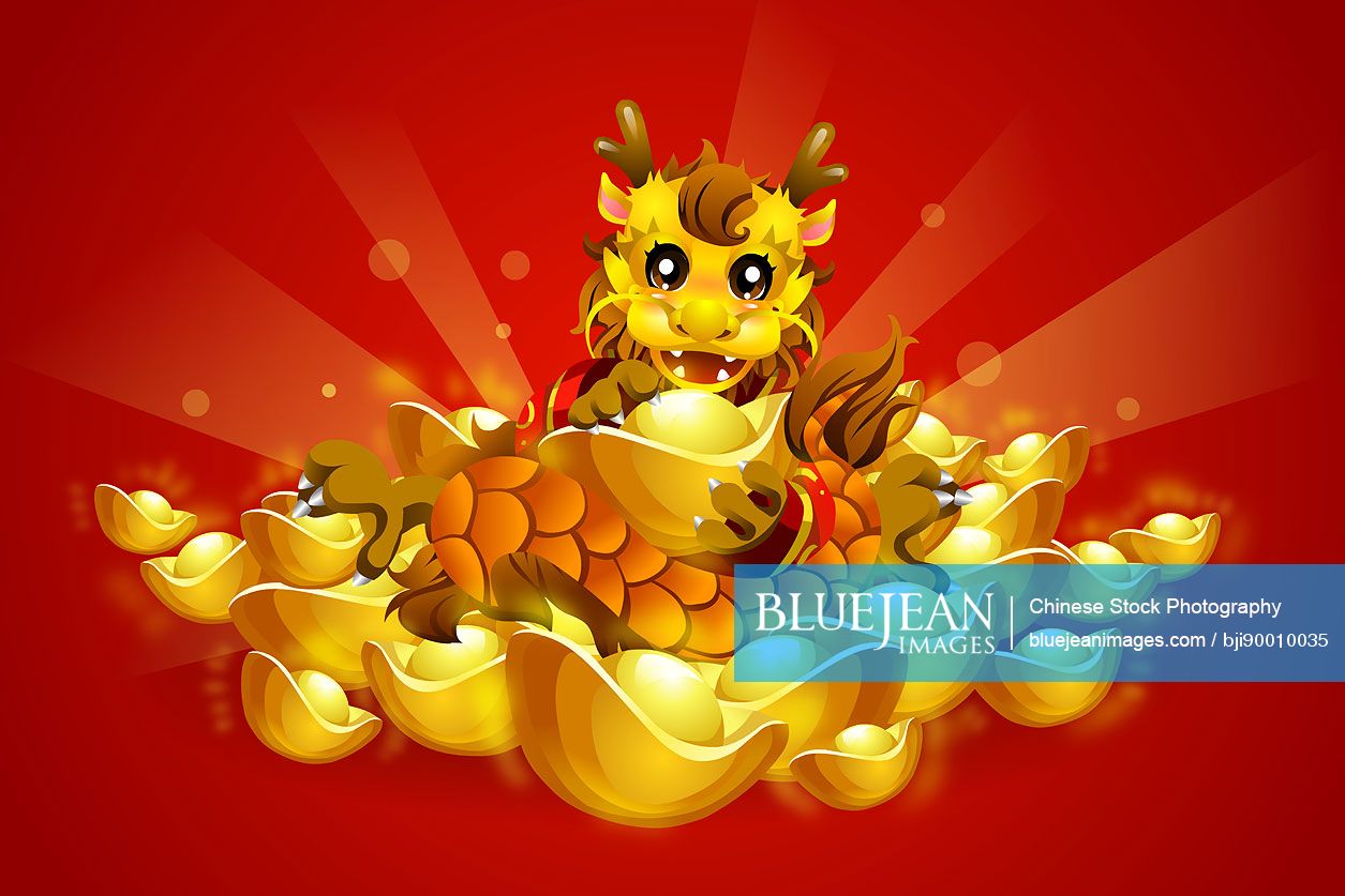 Cartoon dragon with many gold inggots-High-res stock photo for download