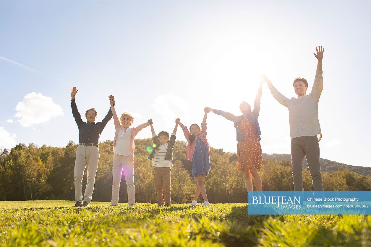 Happy Chinese family relaxing on meadow-High-res stock photo for download