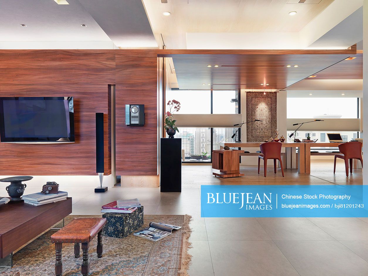 Interior of modern home with hardwood walls-High-res stock photo for ...