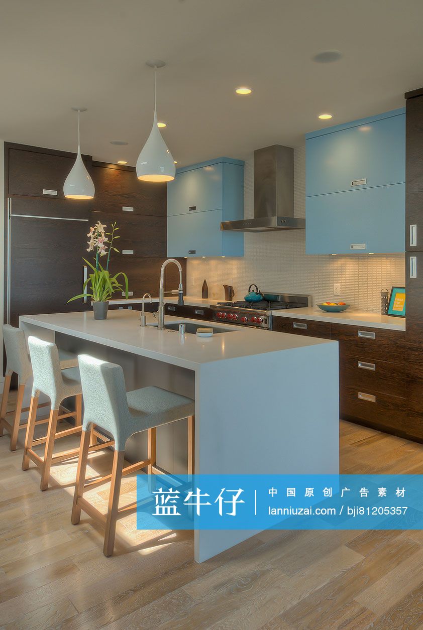 Blue breakfast bar and cabinets in contemporary house; San Francisco ...