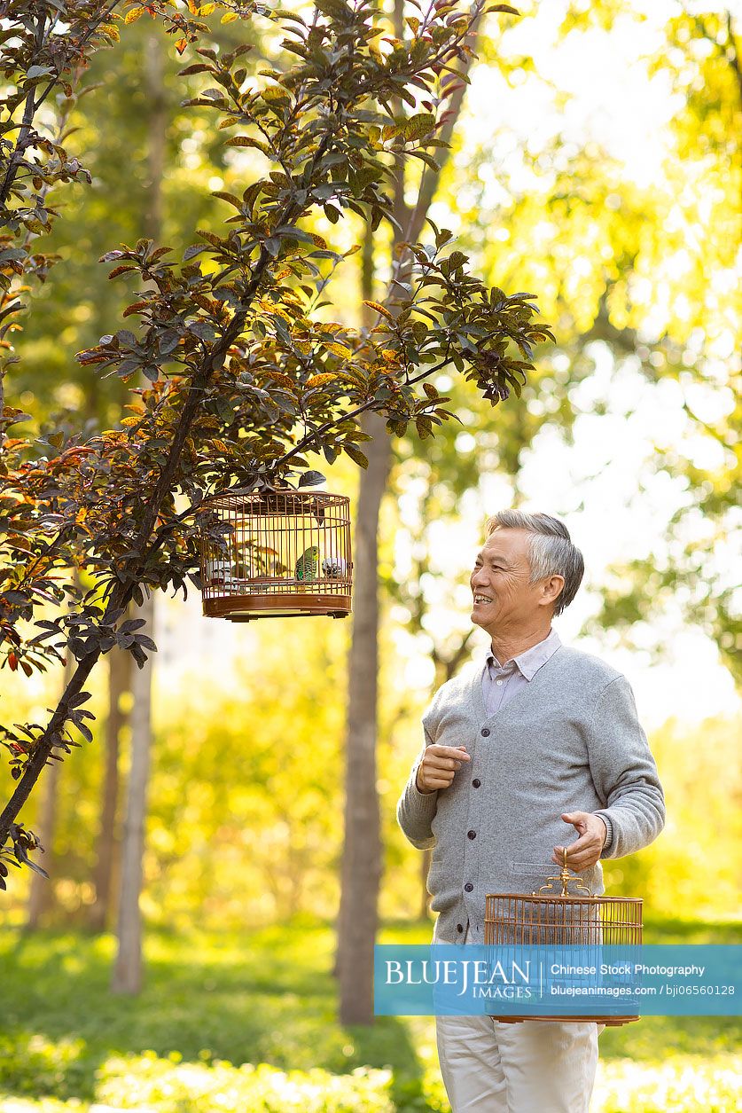 Cheerful senior Chinese man holding a birdcage-High-res stock photo for download