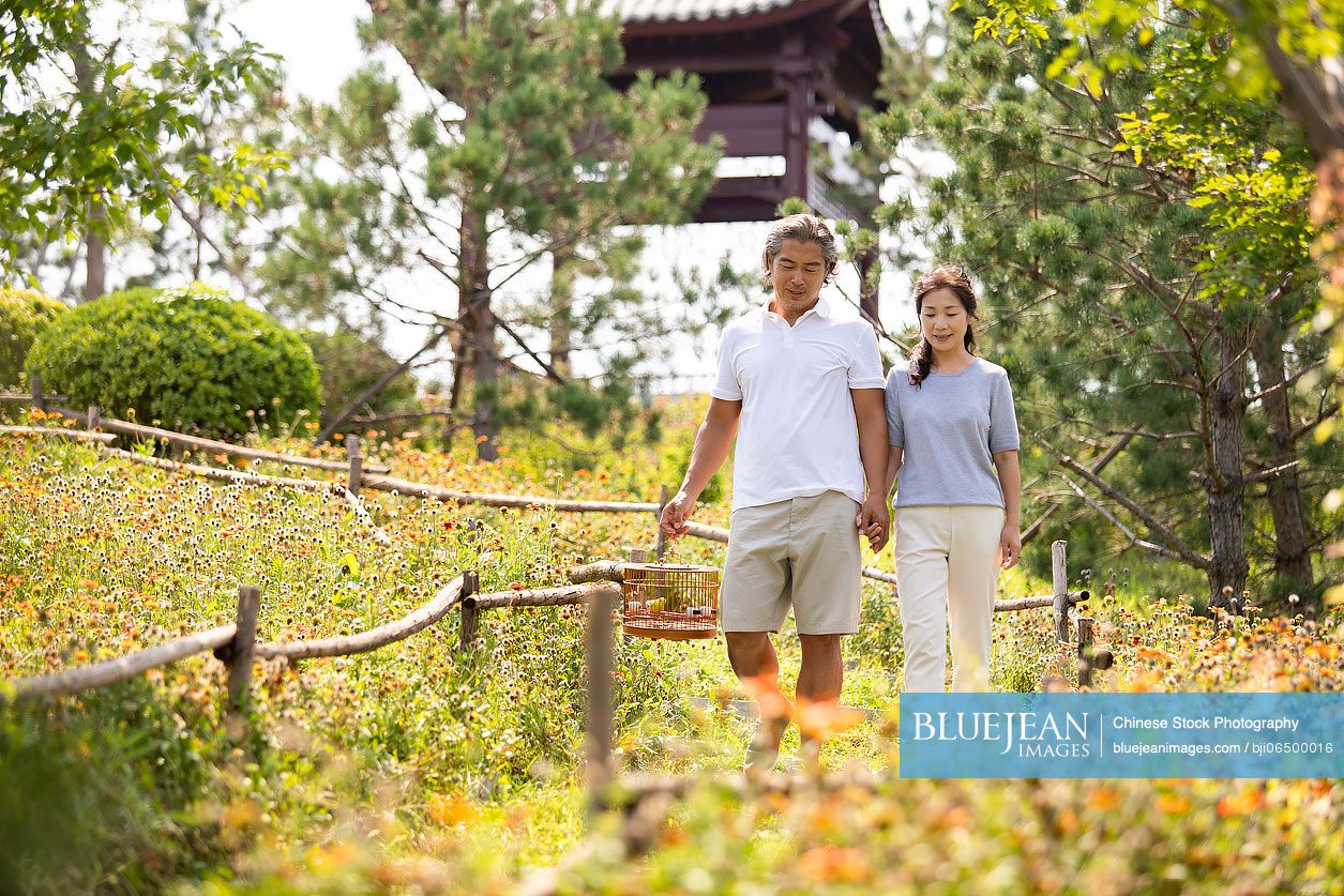 Happy mature Chinese couple strolling in park with a birdcage-High-res stock photo for download