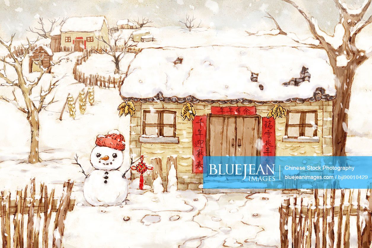 Traditional house and snowman in winter-High-res stock photo for download