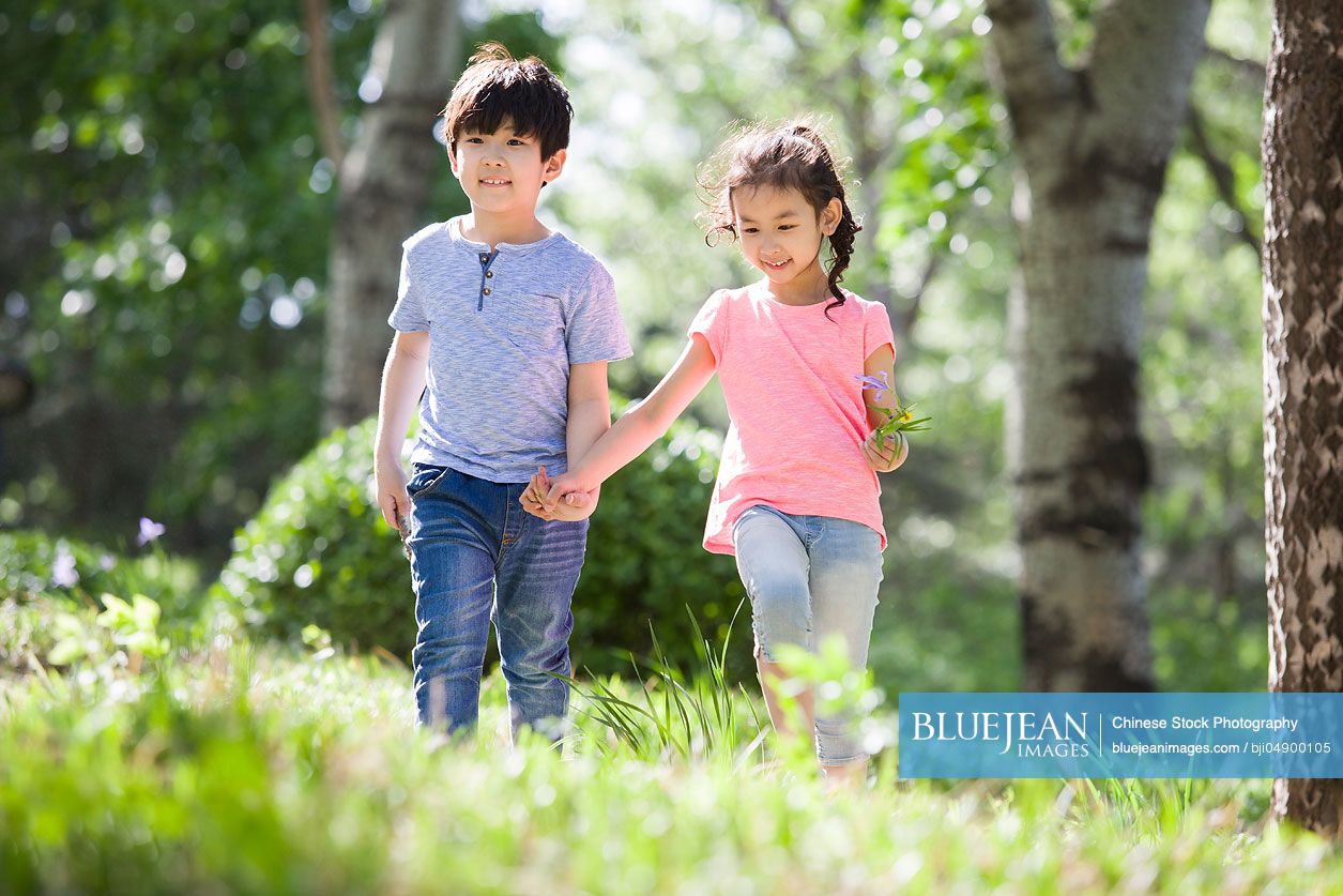 Happy Chinese children holding hands walking in woods-High-res stock photo for download