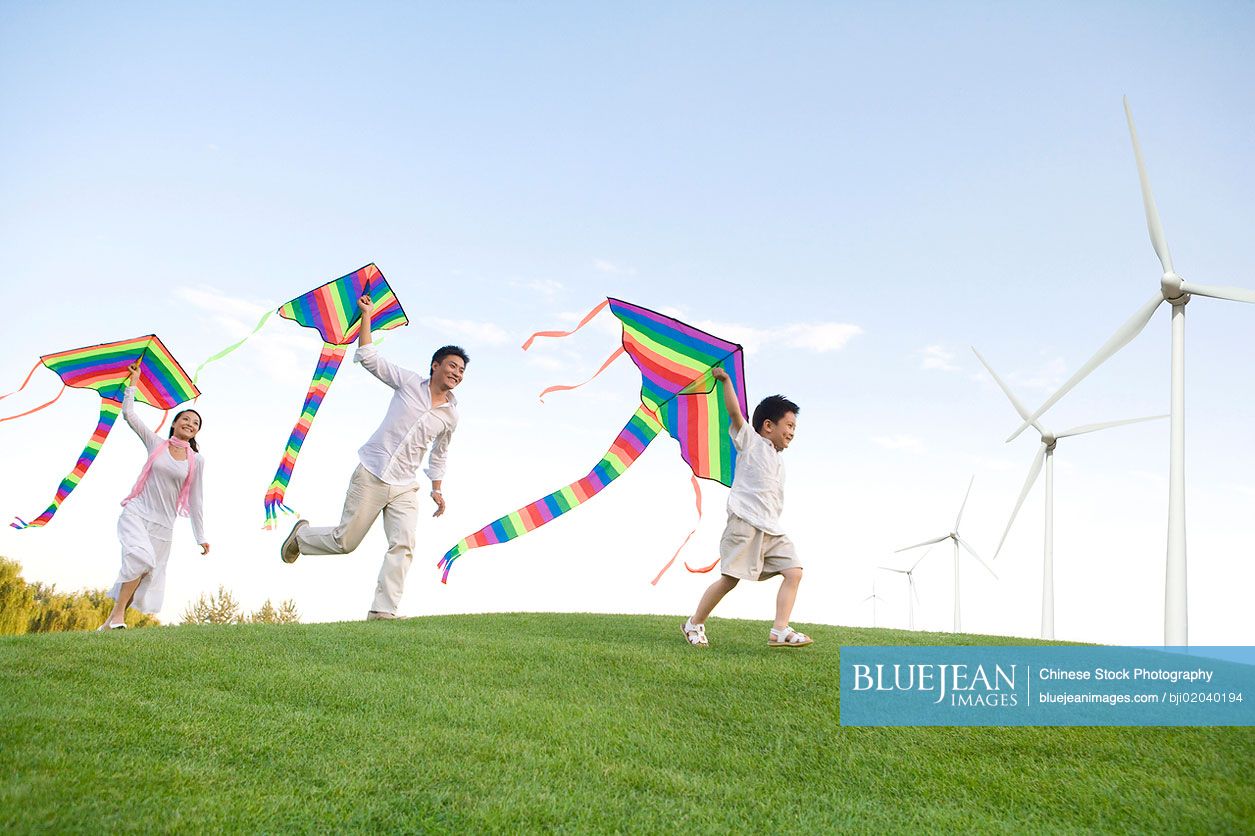 Young Chinese family flying kites in the park-High-res stock photo for ...