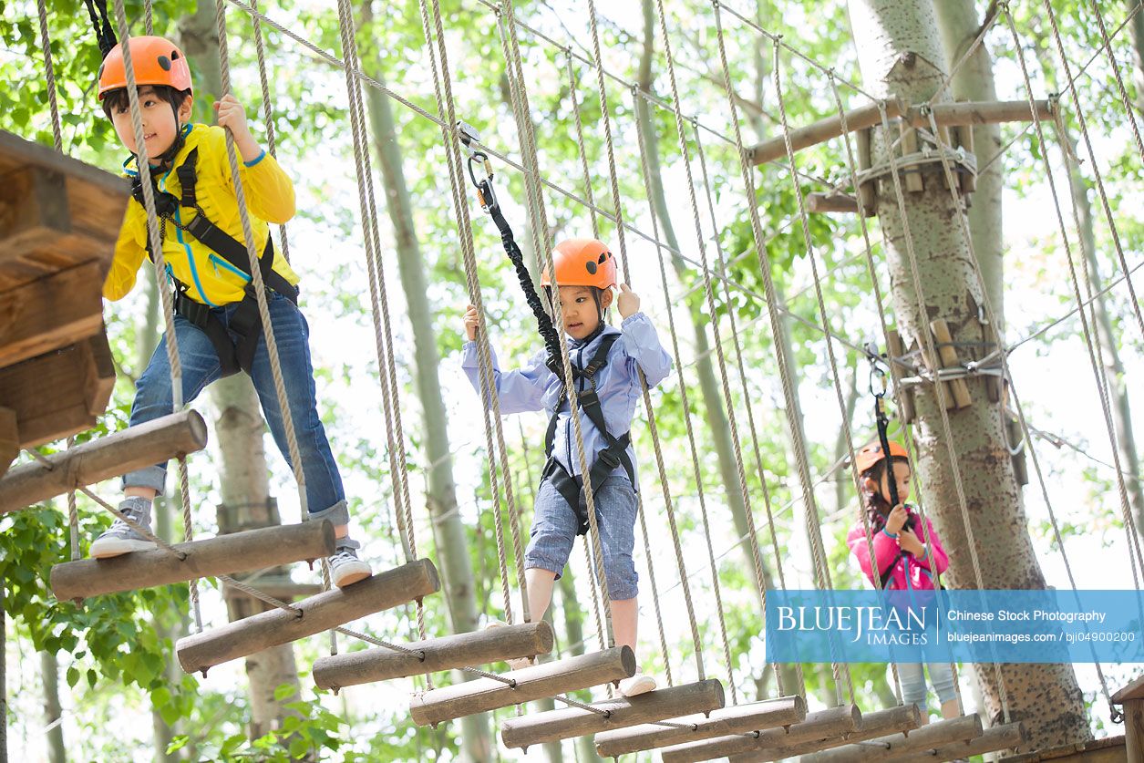 Happy Chinese children playing in tree top adventure park-High-res ...