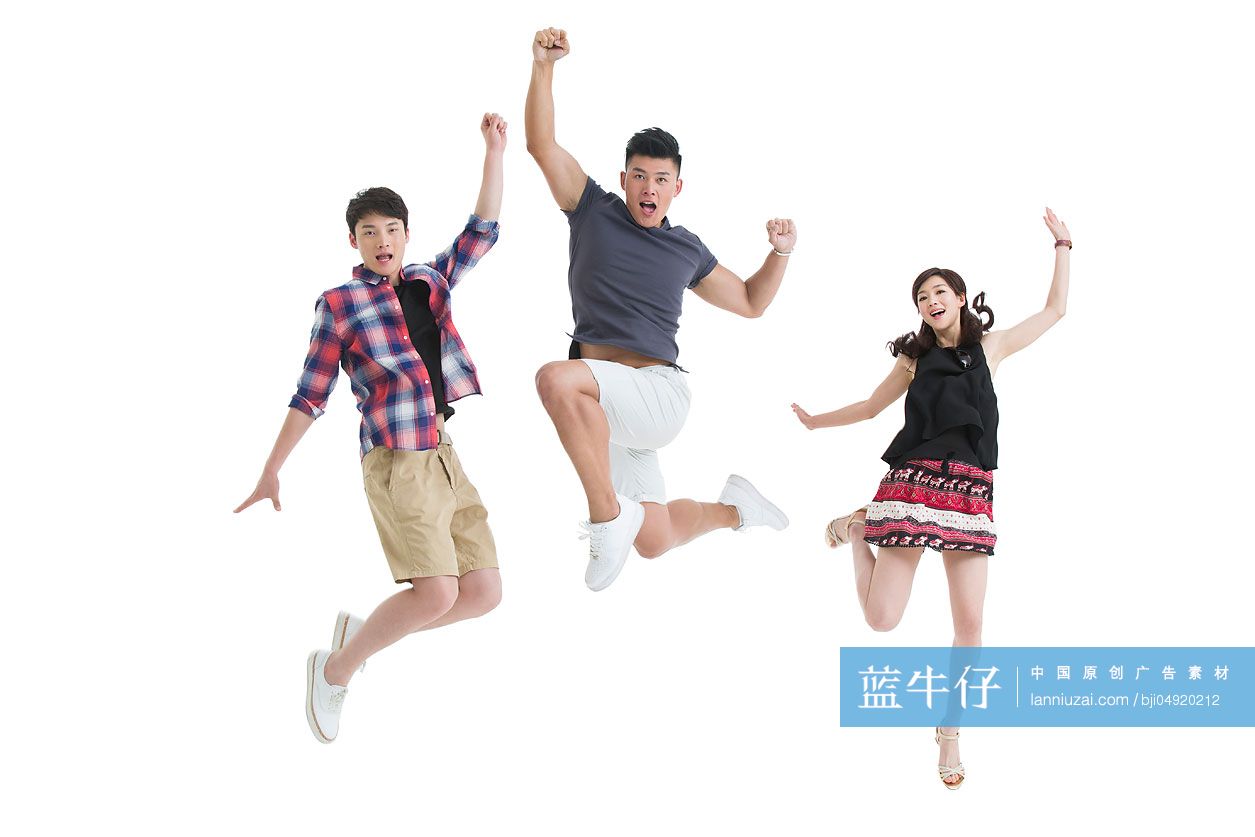 快乐的年轻人跳跃 蓝牛仔影像 中国原创广告影像素材
