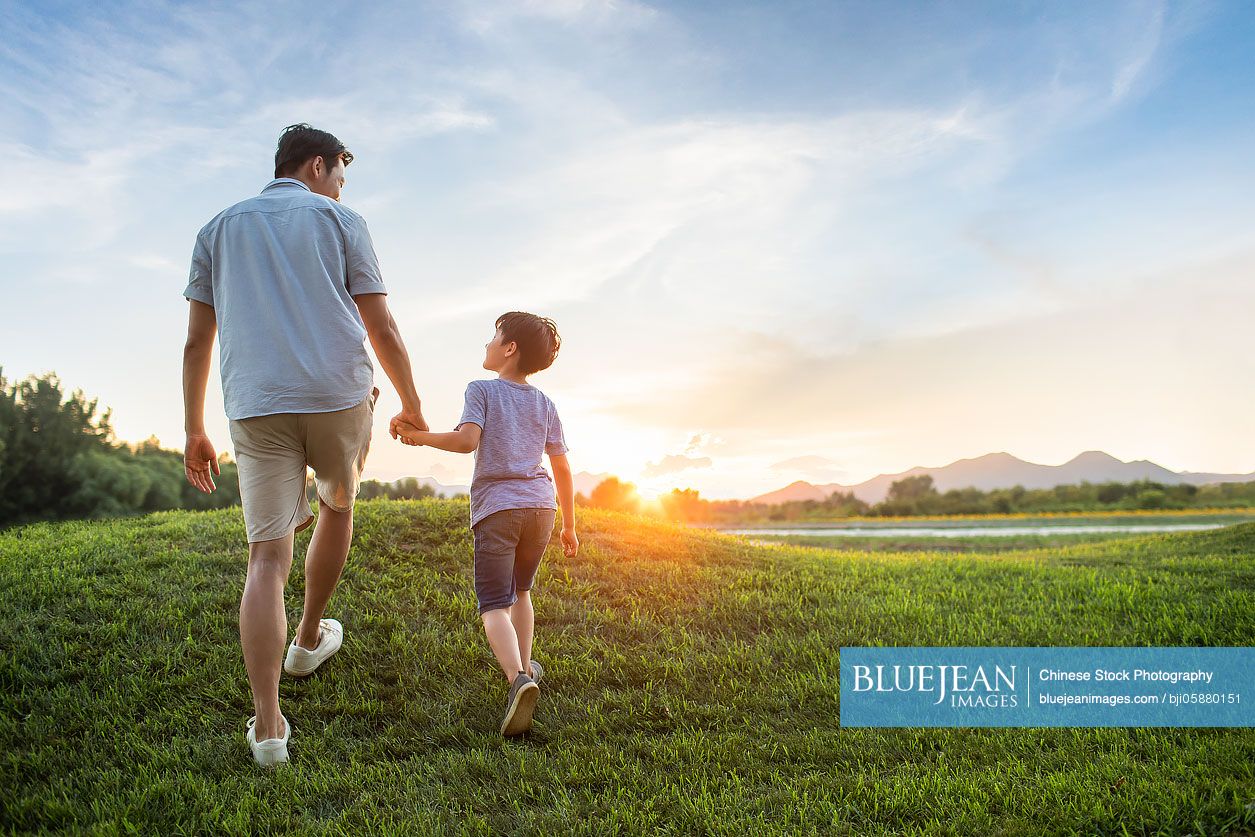Chinese father and son on meadow-High-res stock photo for download