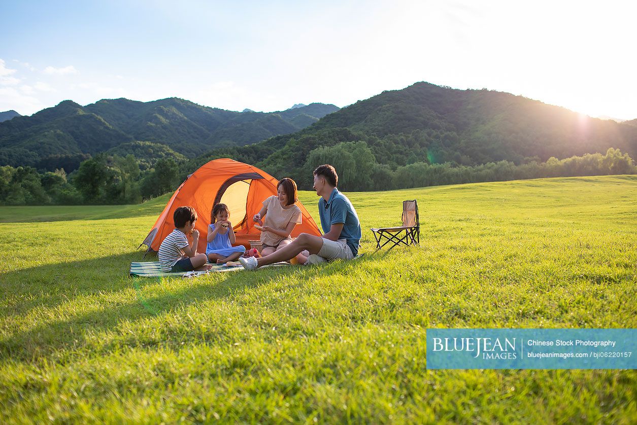 Happy young Chinese family having a picnic outdoors-High-res stock ...